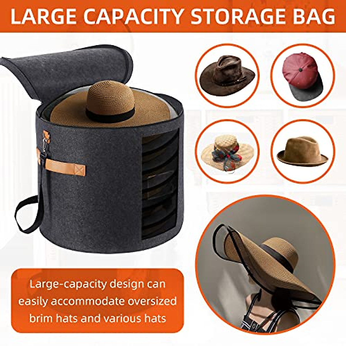 Large Hat Storage Box 19'' Hat Box for Large Hats, Hat Boxes for Women Storage Large Round Hat Boxes for Men Foldable Storage Box with Lid Felt Stuffed Animal Toy Storage Bin with Lid, Dark Gray