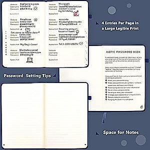 JUBTIC Password Book with Alphabetical Tabs. Medium Size Password Keeper Logbook for Internet Website Address Log in Detail. Hardcover Password Notebook & Organizer for Home Office, Navy Blue