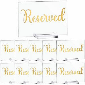 Roowest 10 Set Acrylic Reserved Table Signs Clear Wedding Reserved Signs with Holder Reserved Table Cards for Wedding Seating Reception Restaurant Birthday Party Ceremony Decoration(Clear, Gold)