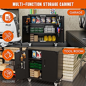 SUPEER Metal Storage Cabinet with Wheels,Rolling Storage Cabinet with 2 Doors and Adjustable Shelves,Suitable for Garage,Home,Office,Gym,School-Assembly Required,Black