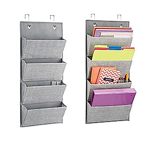 mDesign Soft Fabric Wall Mount/Over Door Hanging Storage Organizer - 4 Large Cascading Pockets - Holds Office Supplies, Planners, File Folders, Notebooks - Textured Print, 2 Pack - Gray