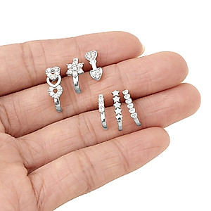 Akeoqi 6Pcs Nose Studs Nose Ring Inlaid Cubic Zirconia L Shaped Studs Lotus Star Heart Nose Nostril Piercing Jewelry for Women Men Sliver Tone 20G
