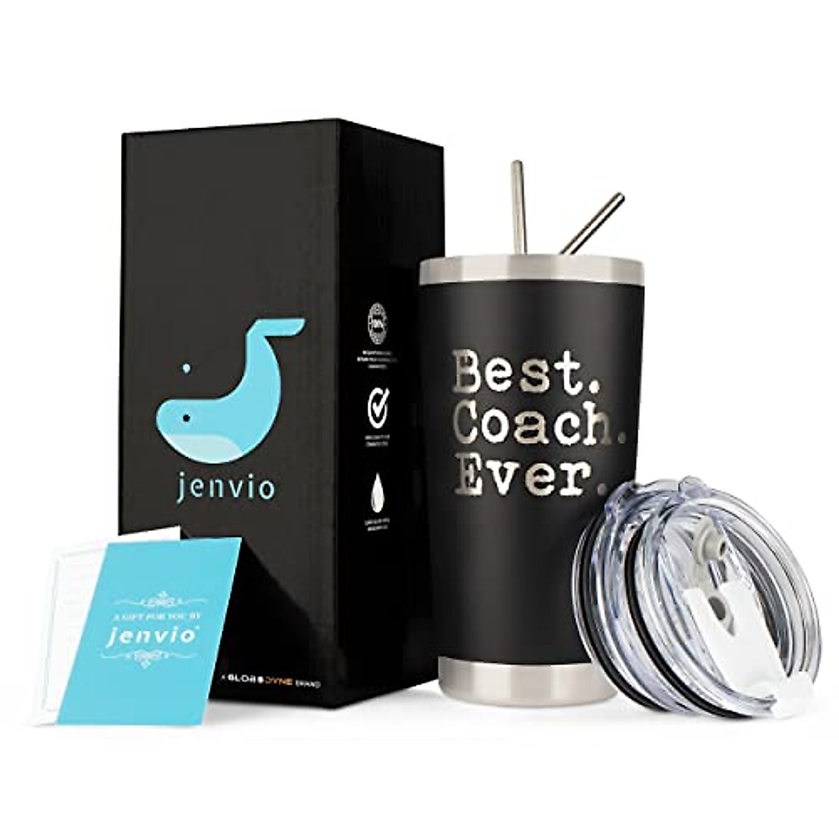 JENVIO Coach Gifts | Best Coach Ever | Stainless Steel Travel Tumbler Coffee Mug with 2 Lids and 2 Straws - Football | Soccer | Tennis Cross Country Appreciation (20 Ounce Black)