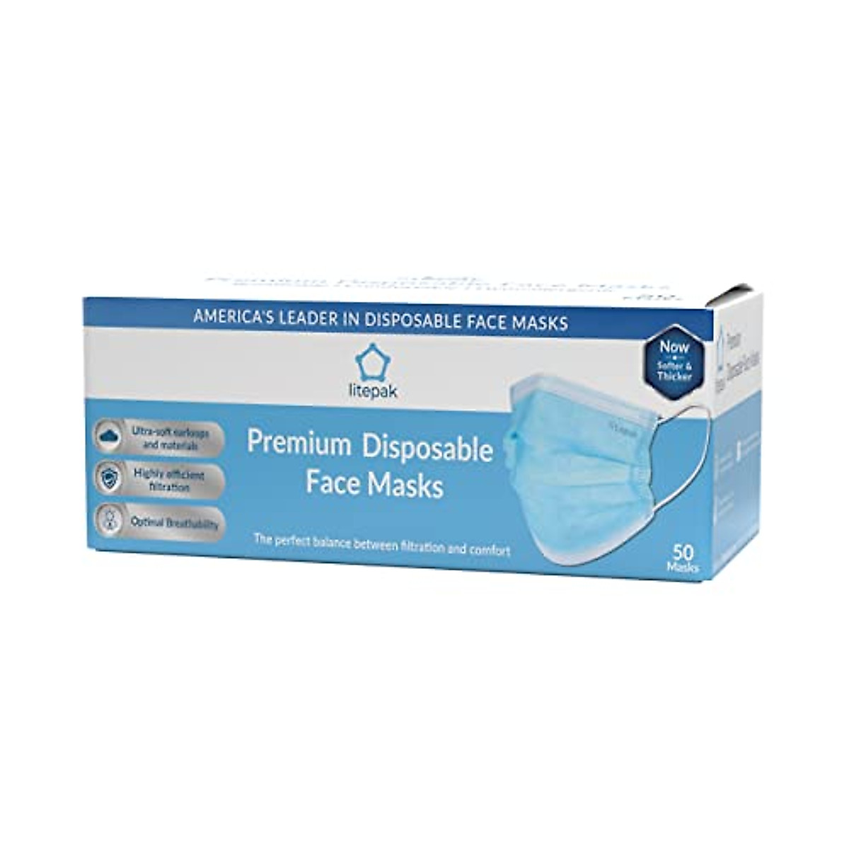 Litepak 500pcs Premium Disposable Face Mask SOFT 3ply Nose Wire - Blue