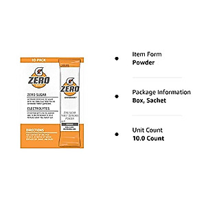The Gatorade Gatorade G Zero, Sugar Free Powder Sticks, 0.10oz Packets (Mixes with 20 ounces of Water) 10 Pack (Orange), 20 Fl Oz (Pack of 10)