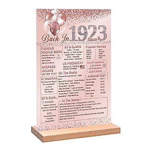 Vlipoeasn Pink 101st Birthday Anniversary Table Decoration 1923 Poster for Women, Rose Gold Back in 1923 Acrylic Table Sign with Wooden Stand, 101 Year Old Birthday Party Centerpieces Gift Supplies