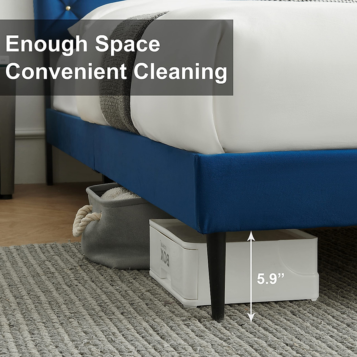 AsKmore Queen Size Bed Frame,Velvet Upholstered Platform with Headboard and Strong Wooden Slats,Non-Slip and Noise-Free,No Box Spring Needed, Easy Assembly,Navy Blue