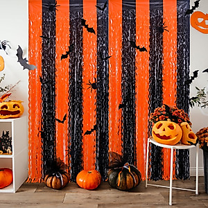 Mega-L Halloween Foil Fringe Curtains, 3 Pack Orange Black Photo Booth Props, 18 Pcs PVC Bat and Spider Stickers Decals Wall Decor Halloween Photo Backdrop for Halloween Party Decoration