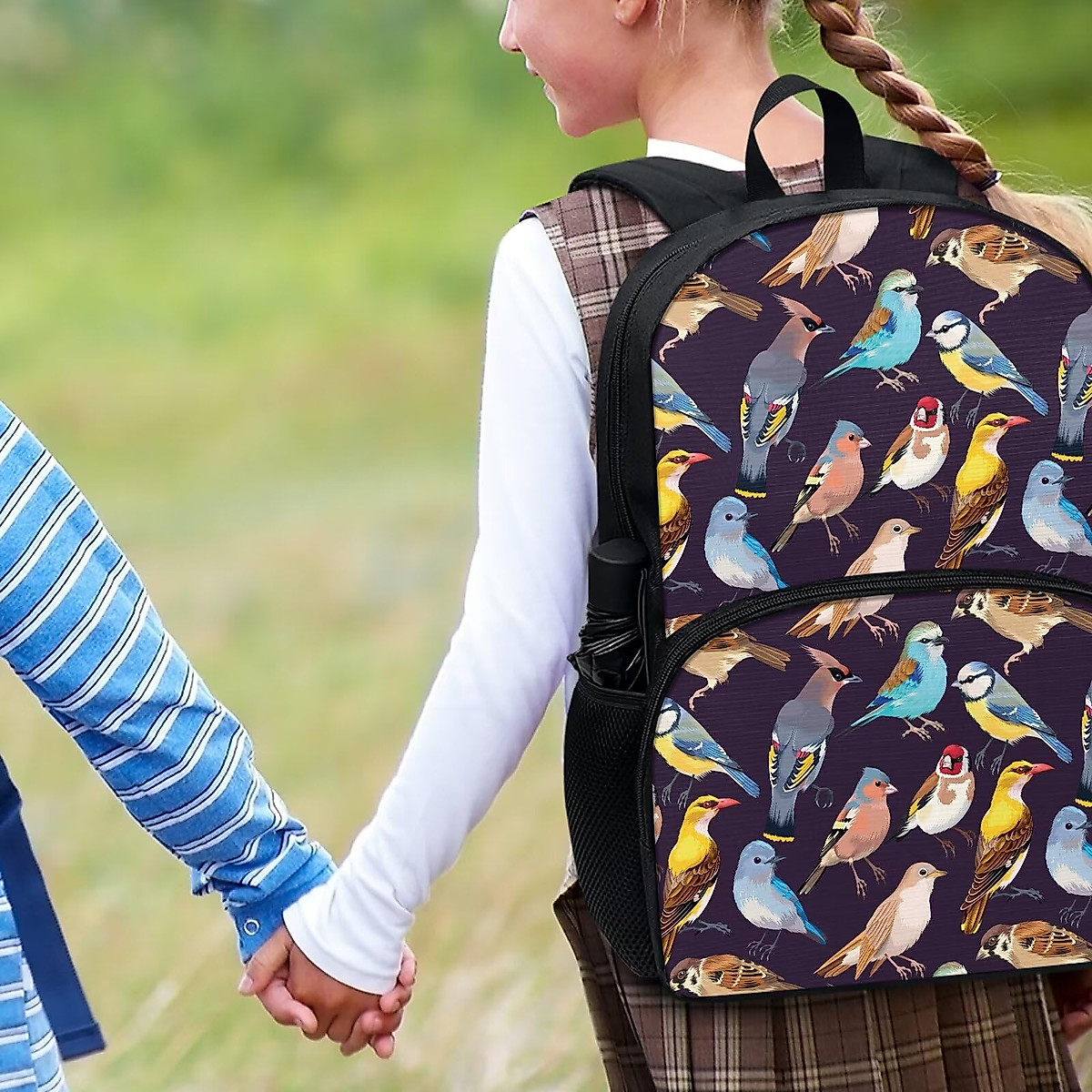 Howilath 17" Large Capacity Backpack with Adjustable Straps, Cute Colorful Birds Print Canvas Backpack Teens Bag Bookbags