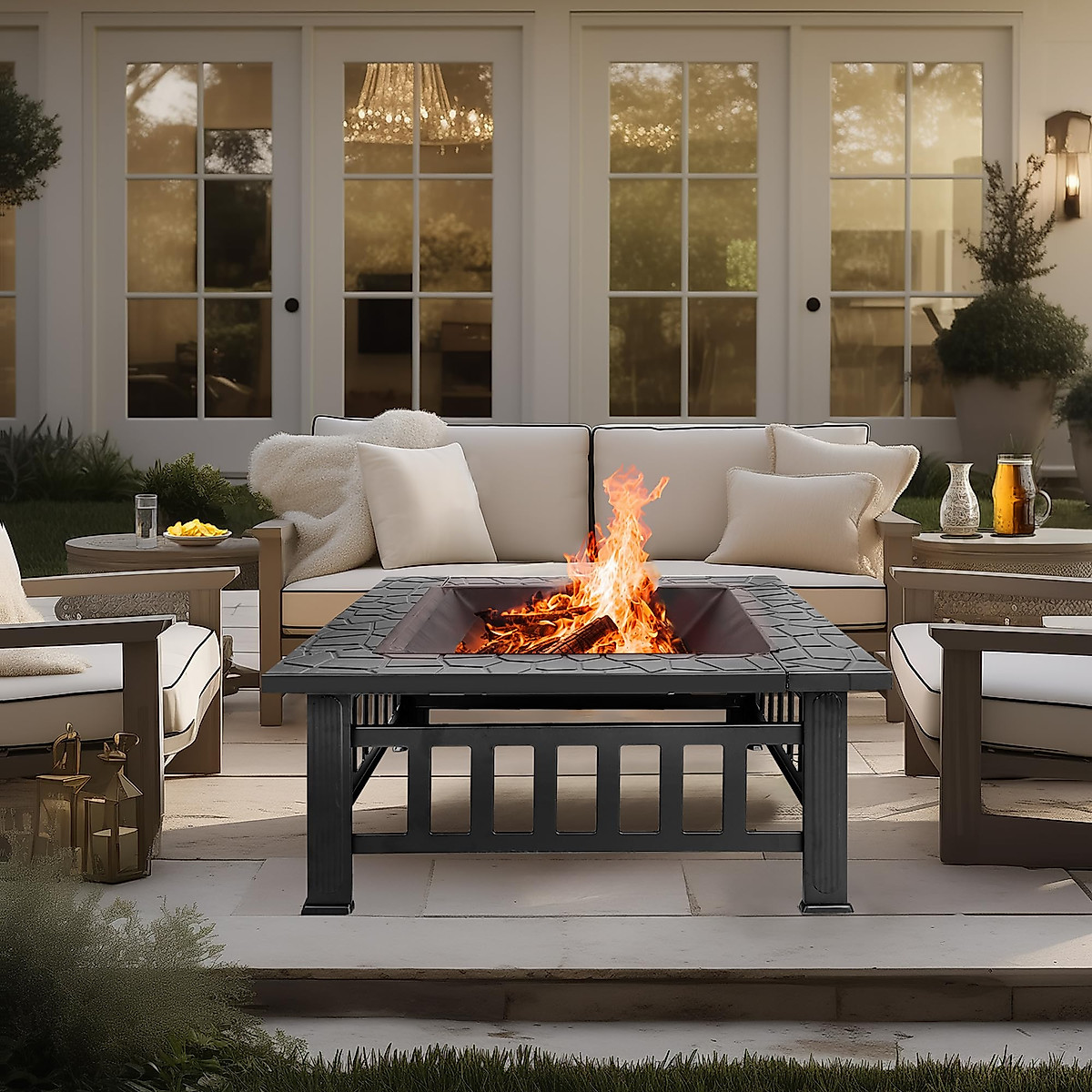 F2C 32 inch Outdoor Fire Pit Square Fireplace Metal Wood Burning Stove w/Waterproof Cover Poker, Patio Backyard Travel Camping BBQ Wood Burning