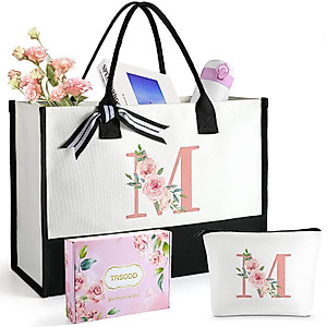 Ini-tial Can-vas Beach Bag w Makeup Bag, Personalized Birthday Gifts, Floral Tote Bags for Women w Inner Pocket, Gift Box, Card, 50th Birthday Gifts for Women, Bridesmaid Bride Sister Wedding Gifts M
