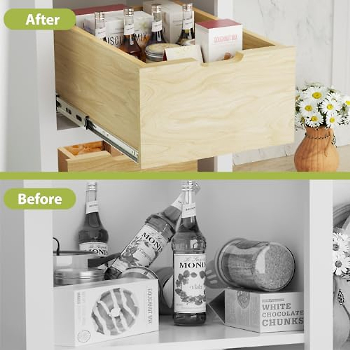 LOVMOR Hard Close Pull Out Cabinet Organizer 8” High Drawer 10½” W x 21”D Wood Slide Out Shelves Cabinet Storage Organizer with Full Extension Rail Slides Pull Out Drawer for Kitchens Cabinet Pantry