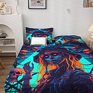 Halloween Sheets Full Size, Witch Skull Bed Sheets, Patterned Bedding Sheets & Pillowcases 4 Piece Set - Soft Microfiber Deep Pocket Fitted Sheet & Flat Sheet & 2 Pillow Cases L6-&-205