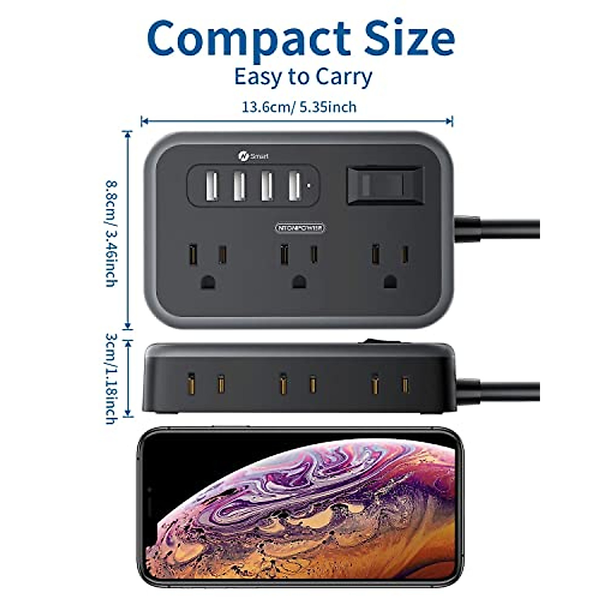 Flat Plug Extension Cord 15 Ft, NTONPOWER 6 Widely Spaced Outlet(2 Side) Power Strip with 4 USB Ports, Wall Mount Charging Station, Overload Protection for Home Office, Dorm Room and Nightstand-Black…