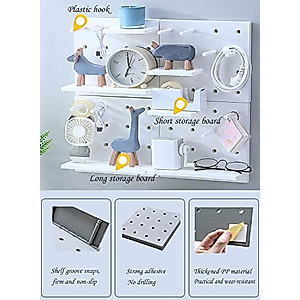 JSF 4 Sets Plastic Pegboard Kit - Decorative Wall Mounted Plastic Floating Shelves for Bedroom, Bathroom, and Kitchen , Pegboard Ledges Organizer,Entryway Organizer with Key Hooks (White)