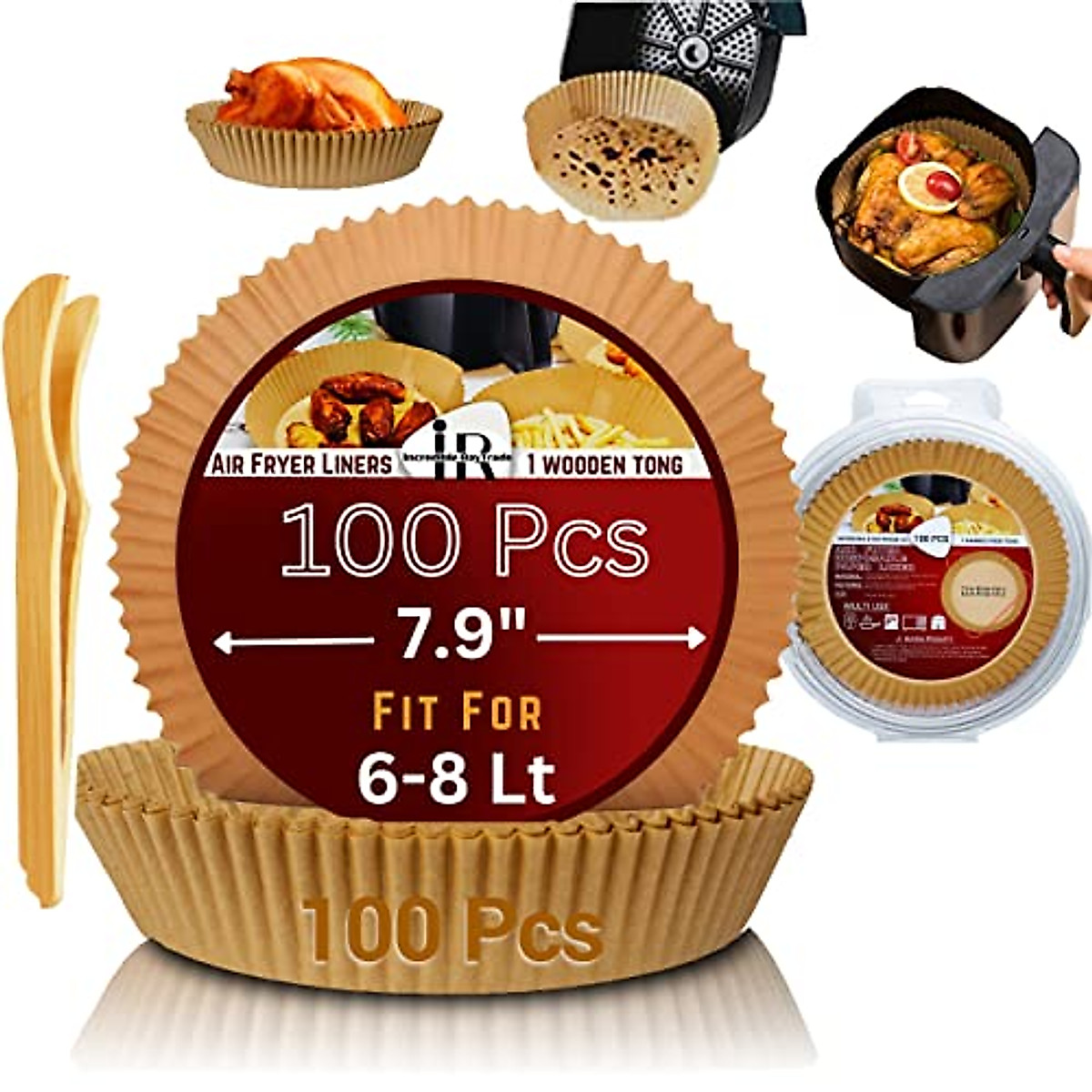 Raytrade 100 Pcs Air Fryer Liners with Wooden Tong, 7.9 Inch Disposable Air Fryer Paper Liners Silicon Coated Oil & Water-Proof Air Fryer Paper Liners, BPA Free Airfryer Liners for Safe & Healthy Food