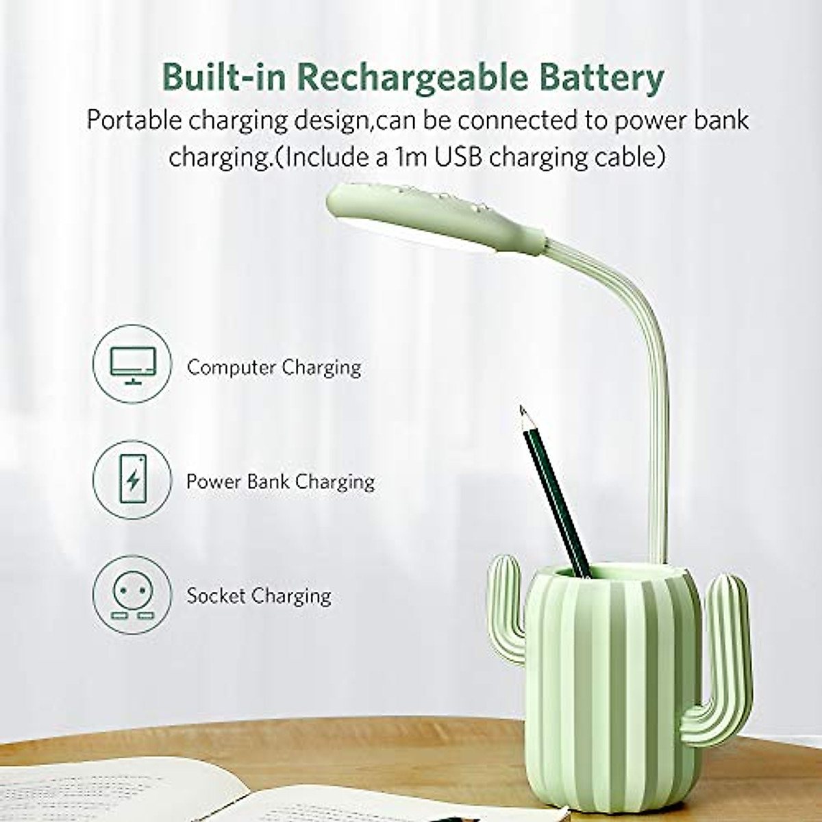 VADIV Desk Lamp, Cute Kids LED USB Rechargeable 3 Level Reading Table Lamp Children Bedside Light with Pencil Holder for Office Home Study - Green