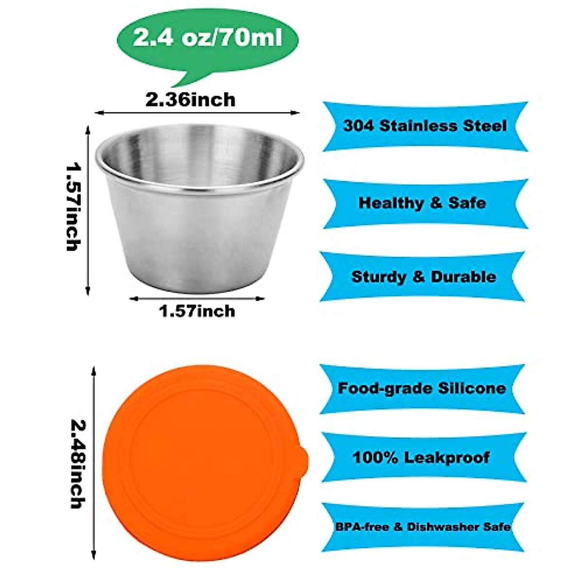 Wobye 4 Pack 2.4oz Reusable Salad Dressing Container To Go, Small Condiment Containers with Leakproof Silicone Lids Stainless Steel Sauce Cups for Condiments, Dips, Dressings & Lunch Box