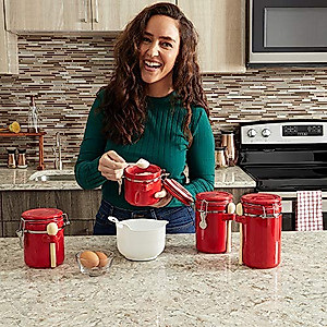 Canister Sets For The Kitchen (4 Piece Set) Red, High Gloss Ceramic | By Home Basics | Decorative Kitchen Set | With Wooden Spoons, Countertop Set For Flour, Sugar, Coffee, and Snacks