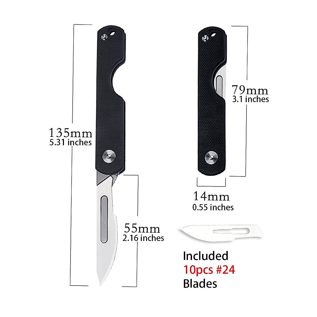TENCHILON TG31 Compact Classic Slip Joint Scalpel Folding Pocket Knife, 10pcs #24 Replaceable Blade, 3.1 inches G10 Handle with Lanyard, Utility EDC Keychain Box Cutter (Black)