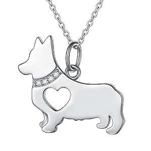 FLYOW 925 Sterling Silver Hollow Heart Corgi Dog Pendant Necklace Jewelry for Women Corgi Lover Gifts,18" (Corgi Necklace)