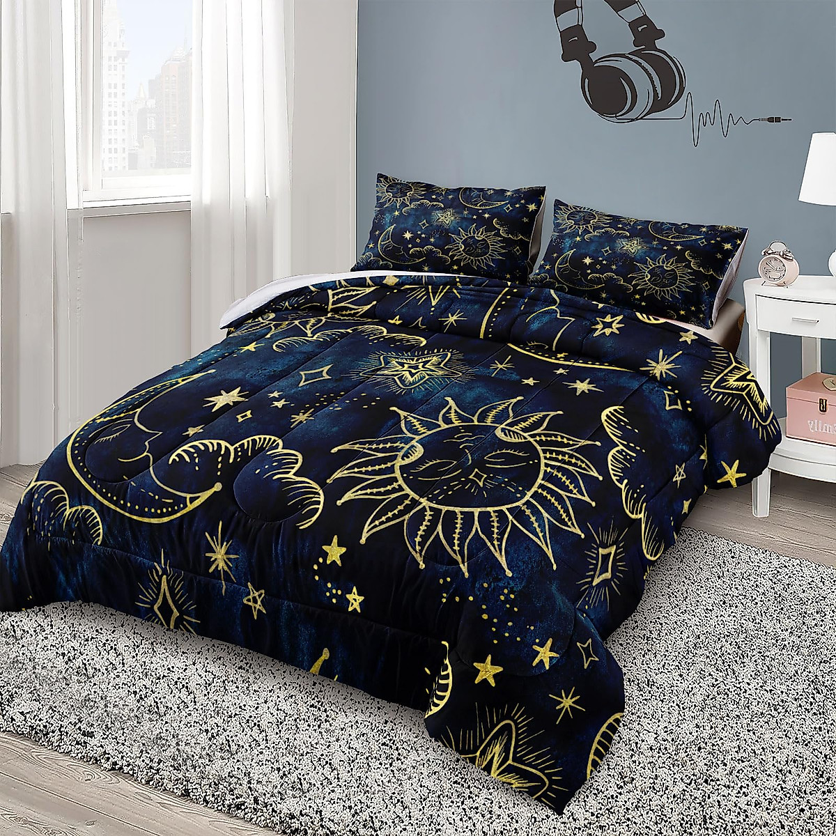 Merryword Sun and Moon Comforter Set Queen Size Blue Gold Bedding Comforter Blue Universe Galaxy Sun Moon Pattern Bohemian Gothic Comforter Set for Kids Boys Teens