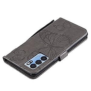 SATURCASE Case for Oppo Reno 6 Pro 5G, Butterfly Embossing PU Leather Flip Magnet Wallet Stand Card Slots Hand Strap Protective Cover for Oppo Reno 6 Pro 5G (Gray)
