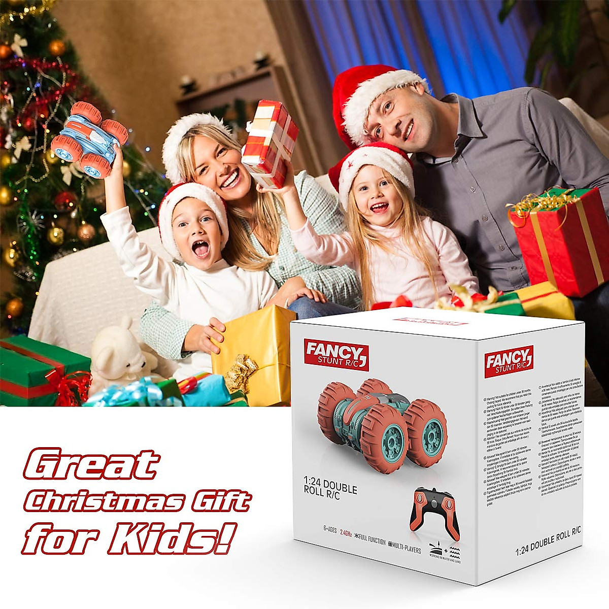 Fixget Amphibious Remote Control Car for Kids, 2.4GHz Waterproof Off Road Truck Toys, 4WD Electric Double Sides RC Stunt Boat Gifts for 6+ Years Old Boys