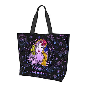 JASUTOT Virgo Constellation Tote Bag Large Canvas Zodiac Sign Astrology Shoulder Tote Handle Bag For Gym Beach Weekender Travel Shopping
