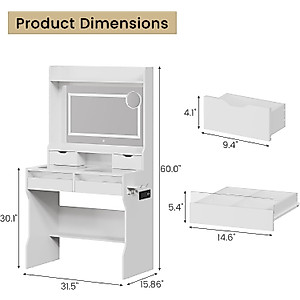 coucheta Vanity Desk with LED Lighted Mirror & Power Outlet, Makeup Vanity with 4 Drawers Lots Storage, 3 Lighting Modes Adjustable Brightness, Dressing Table for Bedroom Dressing Room