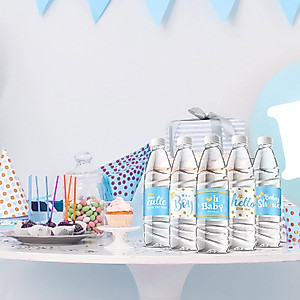 39 Pieces Baby Shower Water Bottle Labels Shower Water Bottle Stickers Wrappers Waterproof Baby Shower Labels for Baby Shower Party Decoration (Blue Boy Style)
