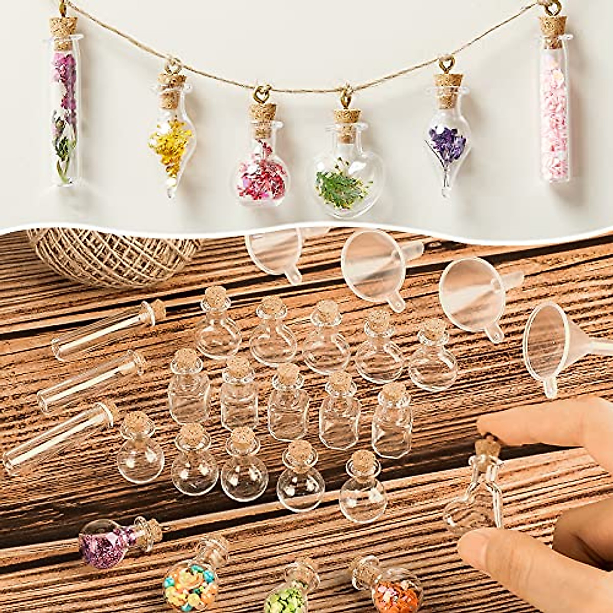 100 Pieces Small Mini Glass Bottles Jars with Cork Stopper Set Tiny Empty Refillable Wishing Bottles Drifting Bottles with Eye Screws Funnels and Rope for DIY Crafts Bead Containers, 10 Shapes