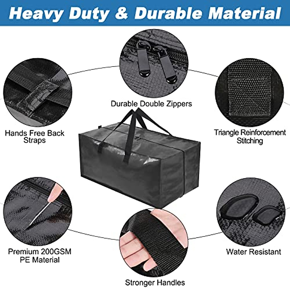 Rihim Moving Bags 90L - 4 Black Heavy Duty Extra Large Storage Bags for Clothes - Packing Bags with Backpack Straps Strong Handles Zippers - College Travelling Christmas Storage Moving Totes