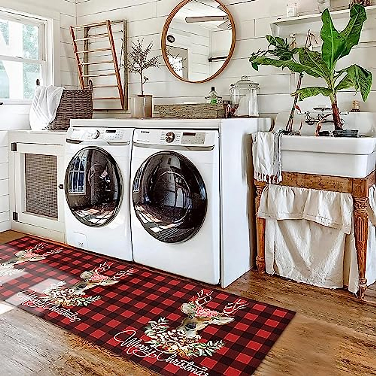 Miaklek Merry Christmas Kitchen Mats for Floor Anti Fatigue Mats for Kitchen Floor Kitchen Rugs Cushioned Mats Non Slip Comfort Standing Kitchen Rugs Set of 2, Xmas Elk Holiday Red Black Check