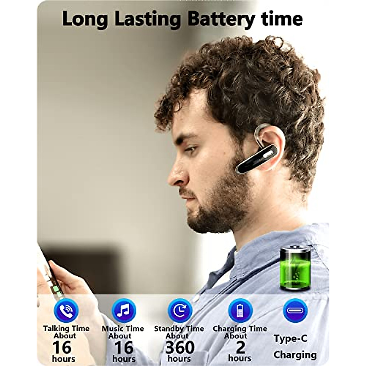 Ybtoo Bluetooth Headset, V5.1 Ultralight Wireless Handsfree Earpiece Cell Phone with Noise Cancellation Microphone for iPhone Android Samsung Laptop Trucker Driver