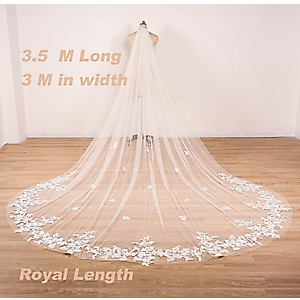 ELAWBTY 1 Tier Floral Lace Wedding Bridal Veil For Bride 3M Ivory Cathedral Length