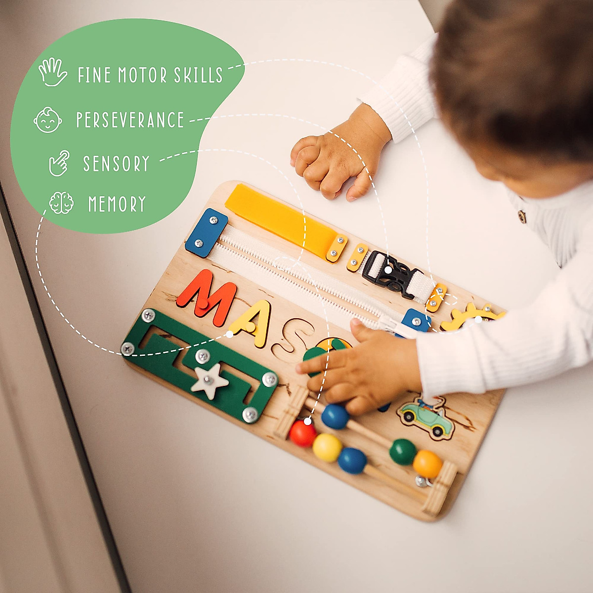 Name Puzzle Busy Board Custom Personalized Baby Gift Wooden Montessori Toys Learning Sensory Board Toddler Toys Fidget Zipper Buckle Plane Car Travel Boy Girl Latches Autistic Education Engaging Child