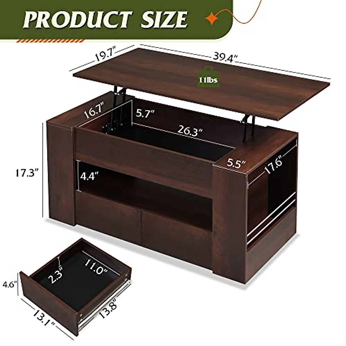 WLIVE Lift Top Coffee Table with Storage,Small Coffee Table with Drawers for Living Room,Hidden Compartment and Open Shelf,Central Table for Reception Room,Espresso