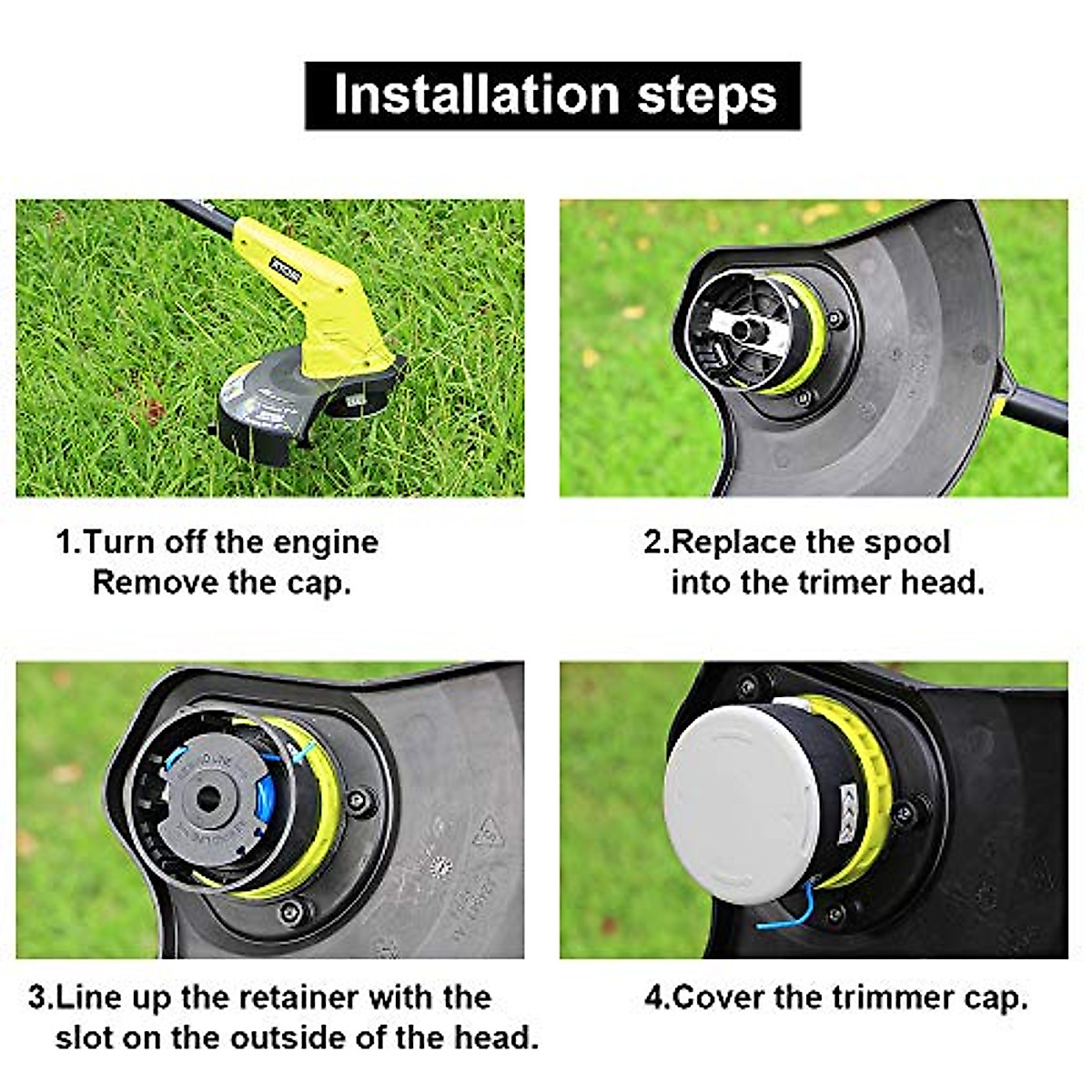 THTEN String Trimmer Spool Replacement for Ryobi One Plus AC14RL3A 18V 24V 40V 11ft 0.065" Auto Feed Cordless Weed Eater Spools Line with AC14HCA Cap Covers Parts (6 Spools, 1 Cap)
