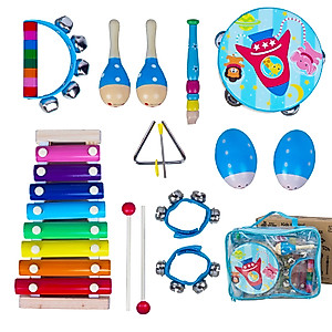 Wooden Musical Instruments Set for Toddlers 1-3, Natural Wood Percussion Instruments Xylophone Gift Set for Girls Boys Kids ,Preschool Educational Musical Toys with Storage Bag (Blue)