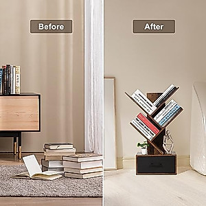 Fashionwu Tree Bookshelf with Drawer, 4-Tier Wooden Bookshelves Storage Rack for CDs/Movies/Books, Rustic Brown Bookcase, Utility Organizer Shelves for Living Room, Bedroom, Home, Office