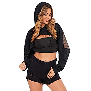Verdusa Women's Sheer Fishnet Drop Shoulder Drawstring Hoodie Crop Sweatshirt Black L