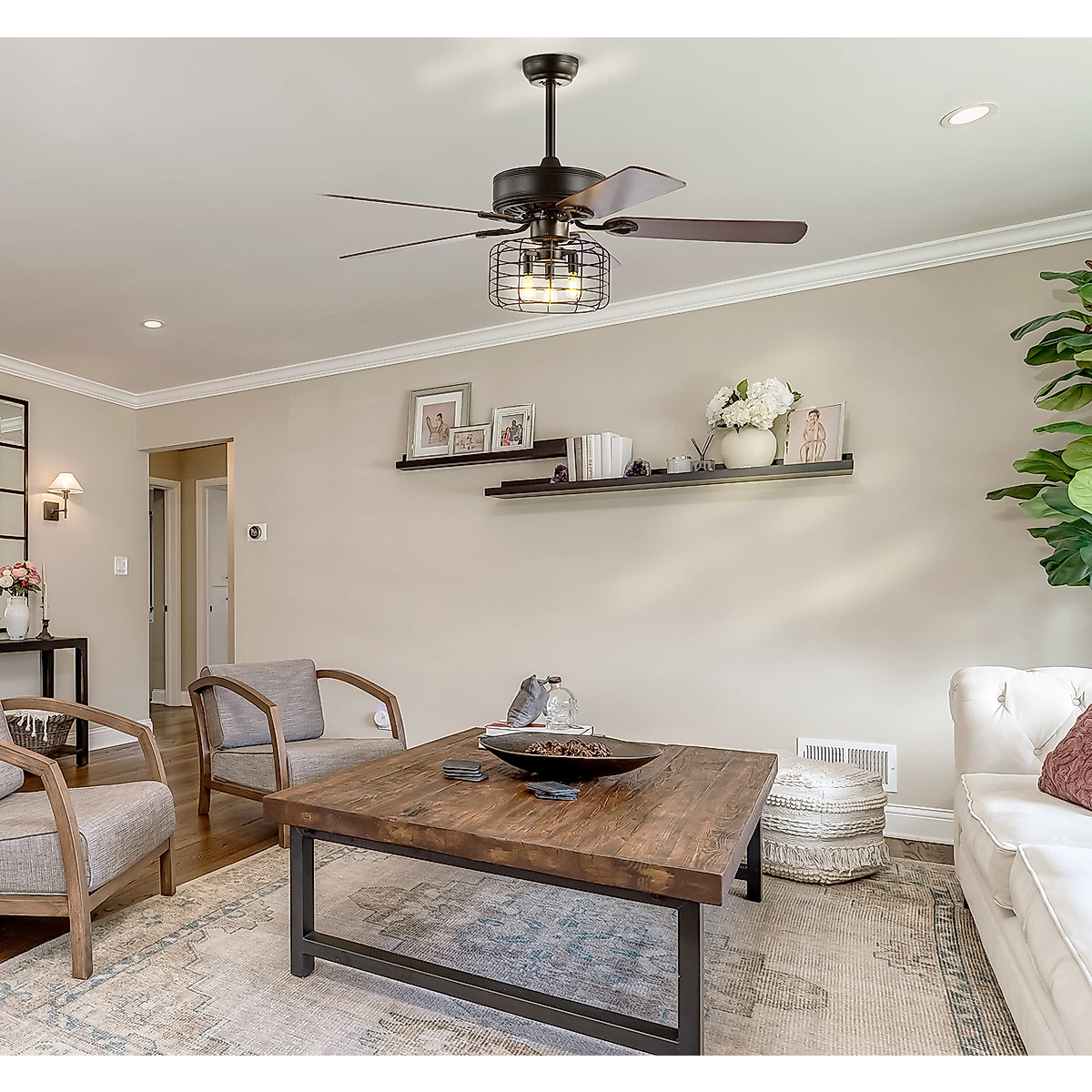 JONATHAN Y JYL9603A Asher 52" 3-Light Industrial Metal/Wood LED Ceiling Fan With Remote, Farmhouse, Bohemian, Industrial, Rustic, Transitional, Southwestern, Living Room, Bedroom, Forged Black