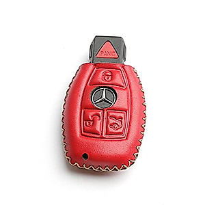 WFMJ Leather for Mercedes Benz C E M S CLS CLK GLK GLC G Class Remote 3 4 Buttons Key Fob Case Cover Keychain Chain (Red)