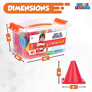 Play Build ConestaX Stacking Game - 48 Pcs Cones Balancing Stacking Toy - Fun STEM/STEAM Activity Games for Toddler - Educational Cone Stack Toys with Plastic Storage Container