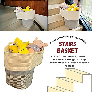 Rope Stair Basket for Carpeted and Wooden Stairs - Rope Basket with Handles - Cotton Rope Storage Basket - Collapsible Basket for Stairs With Felt Sheet Internal Support (Large, Cotton Rope Brown)