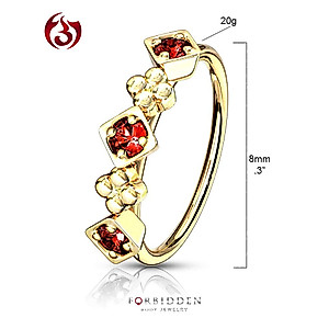 Forbidden Body Jewelry 20g 8mm 14k Gold Plated Surgical Steel Bendable Nose/Rook/Helix Hoop Featuring Red CZ & Floral Design