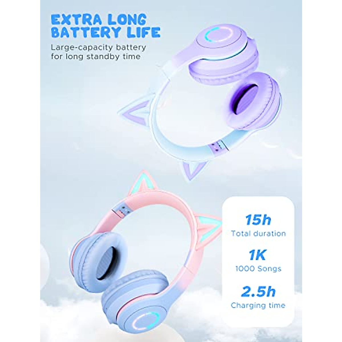 QearFun Car Ear Bluetooth Headphones Foldable, 7 Colors Led Light Up Kids Adults Girls Over Ear Wireless Headphones with Built-in Mic & 3.5mm Jack, Cat Gaming Headset for iPad/Tablet/PS4/PS5 Purple