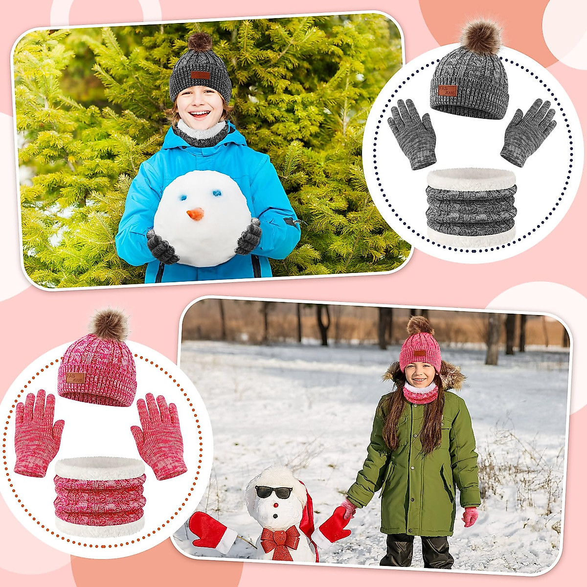 Liitrsh 4 Sets Kids Winter Hat Gloves Scarf Set Children Hats Neck Warmer Winter Gloves for Kids 5-12 Years (Fresh Color)