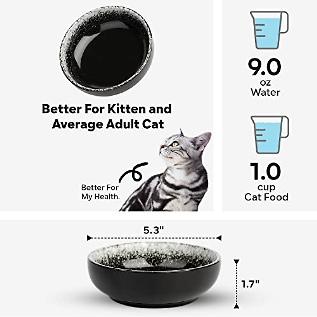 Ceramic Cat Bowls, Toptier Cat Bowls Cat Dishes for Food and Water, Shallow Cat Food Bowls Pet Dishes for Cats, Kittens, and Small Animals, Set of 2, Black and White